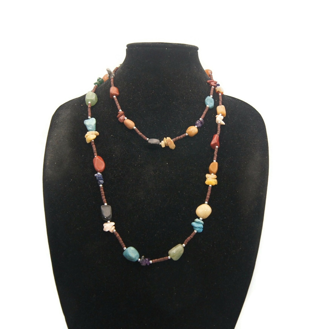 Vintage 48 Inch Opera Length Beaded Necklace With Silver Tone, Wood and ...