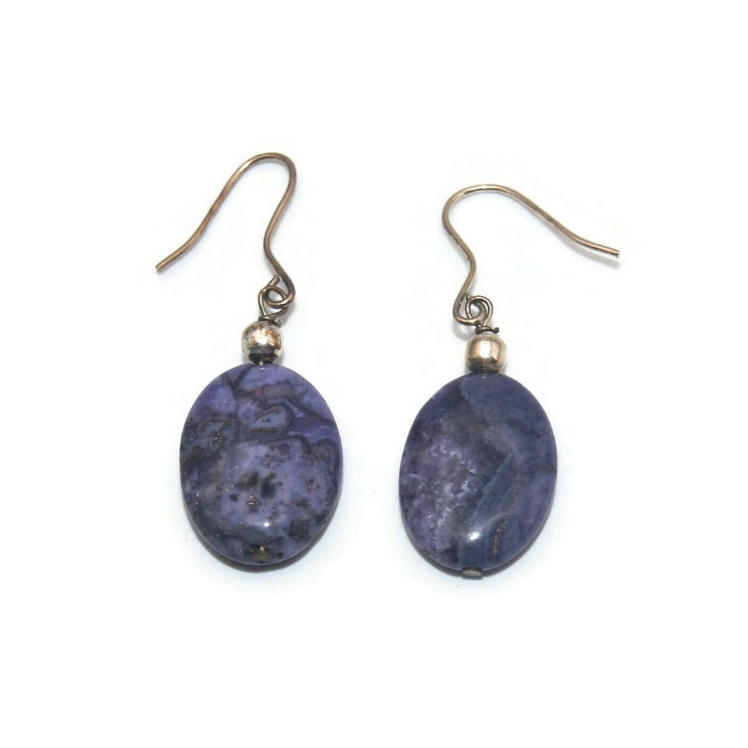 Vintage Sterling Silver and Oval Purple Jasper Dangle Earrings With ...