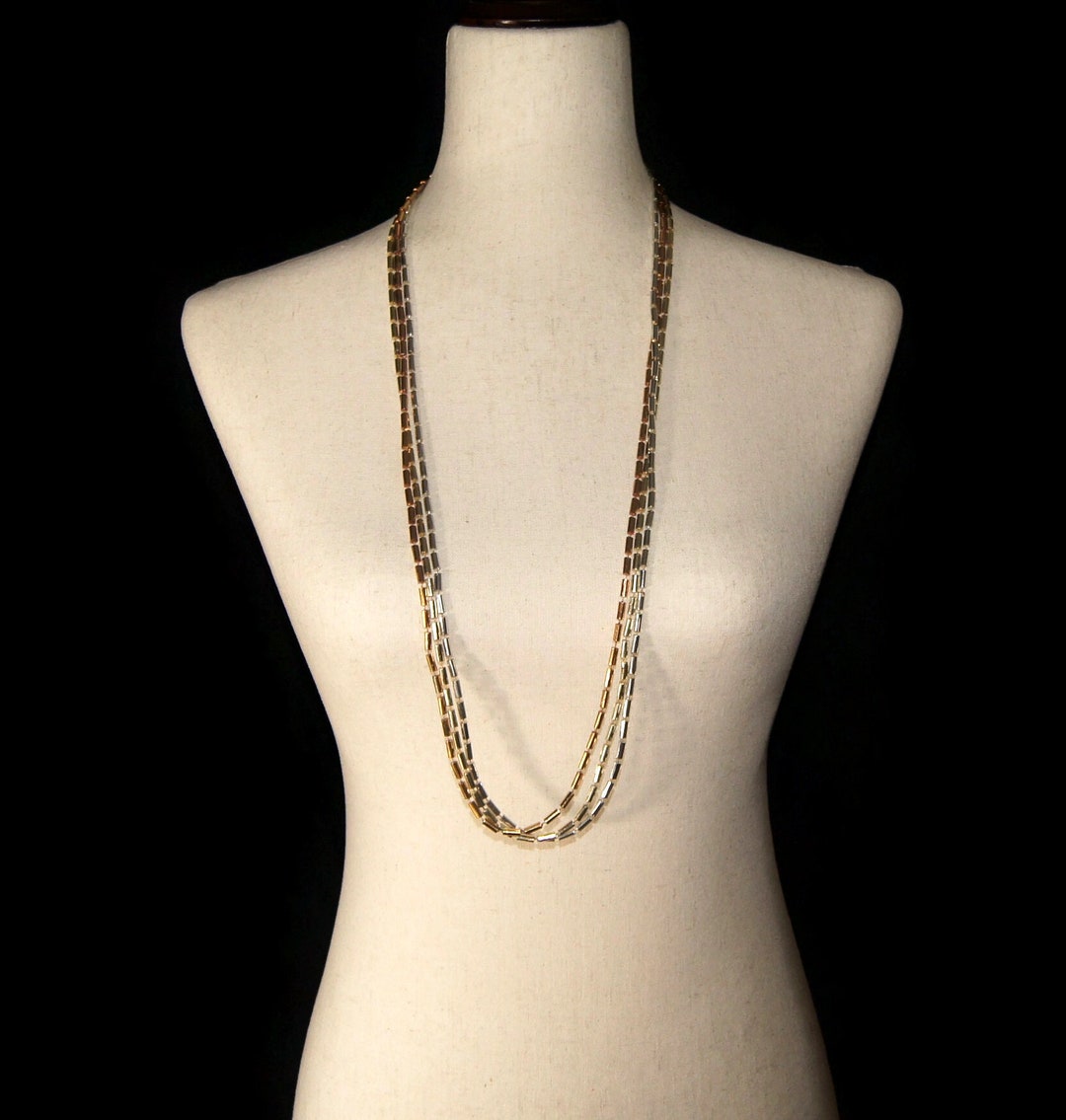 Vintage Tri-color Multi-strand Plastic Metallic Beaded Necklace. Gold ...