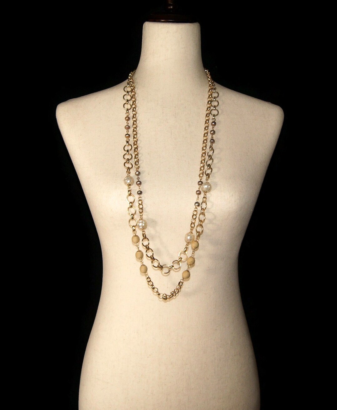Vintage Gold Tone Rolo Chain With Cultured Pearls, Cord Wrapped Beads ...