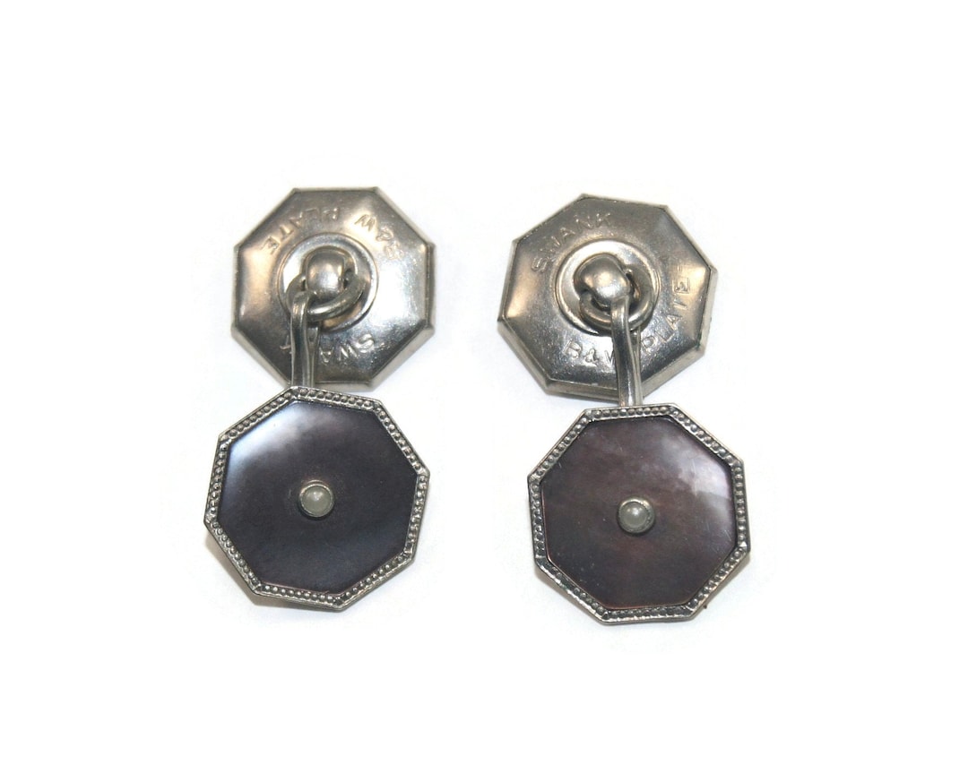 1930s Vintage Swank Silver Plated and Abalone Double Sided Octagonal ...