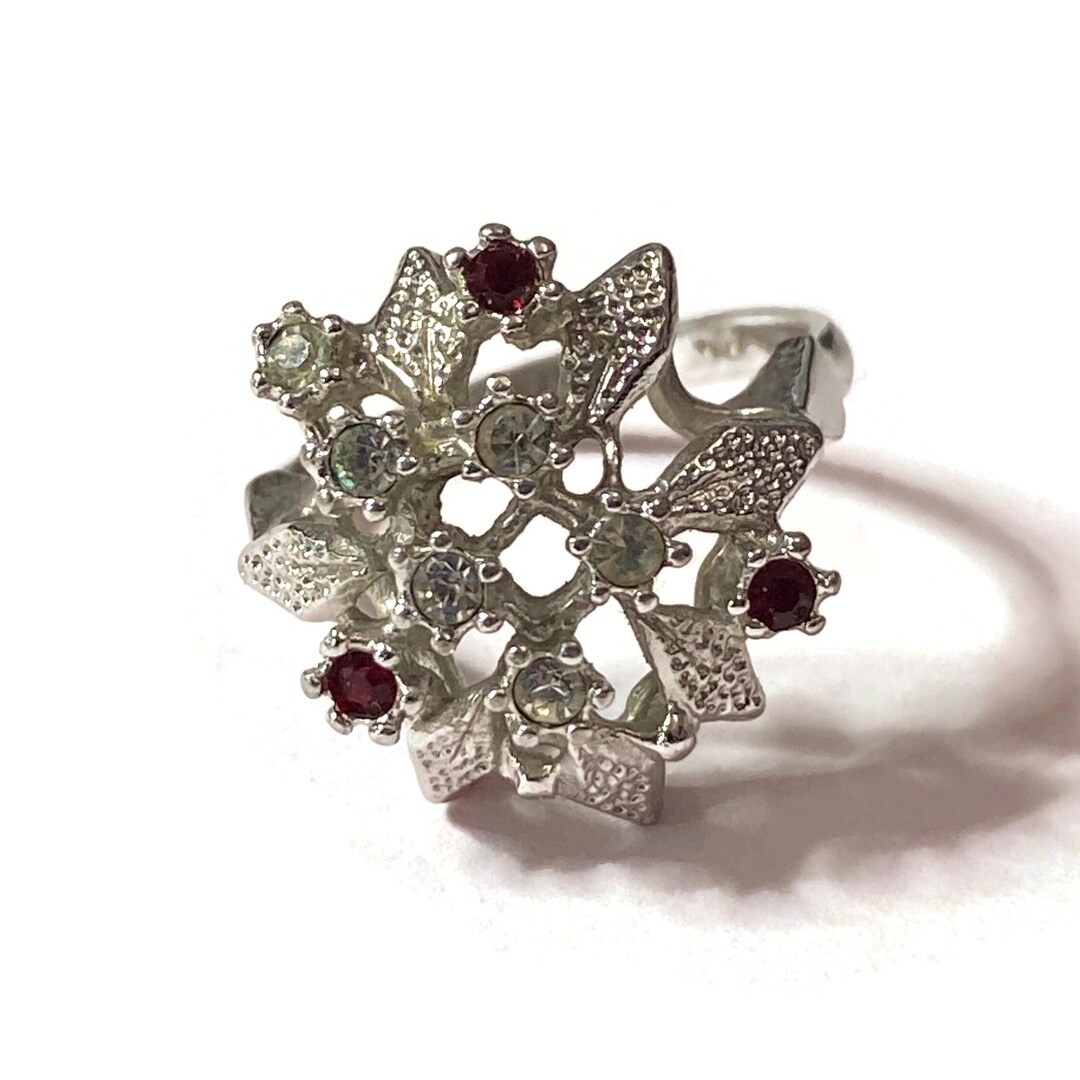 Vintage 1970s Uncas Silver Tone Clear and Red Glass Stones Floral ...
