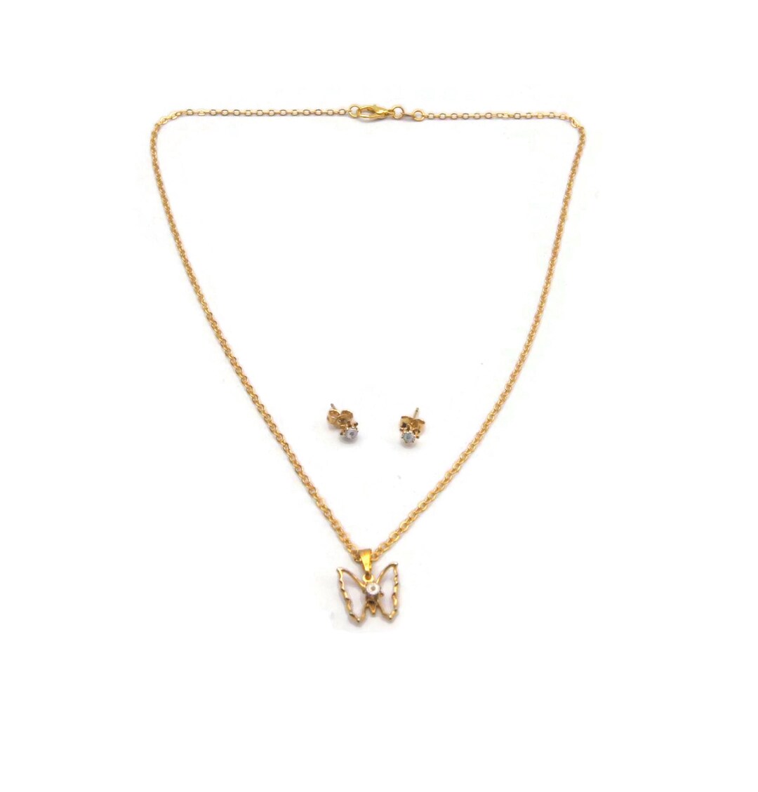 Gold Tone and Diamond Chip Butterfly Pendant Necklace With Matching ...