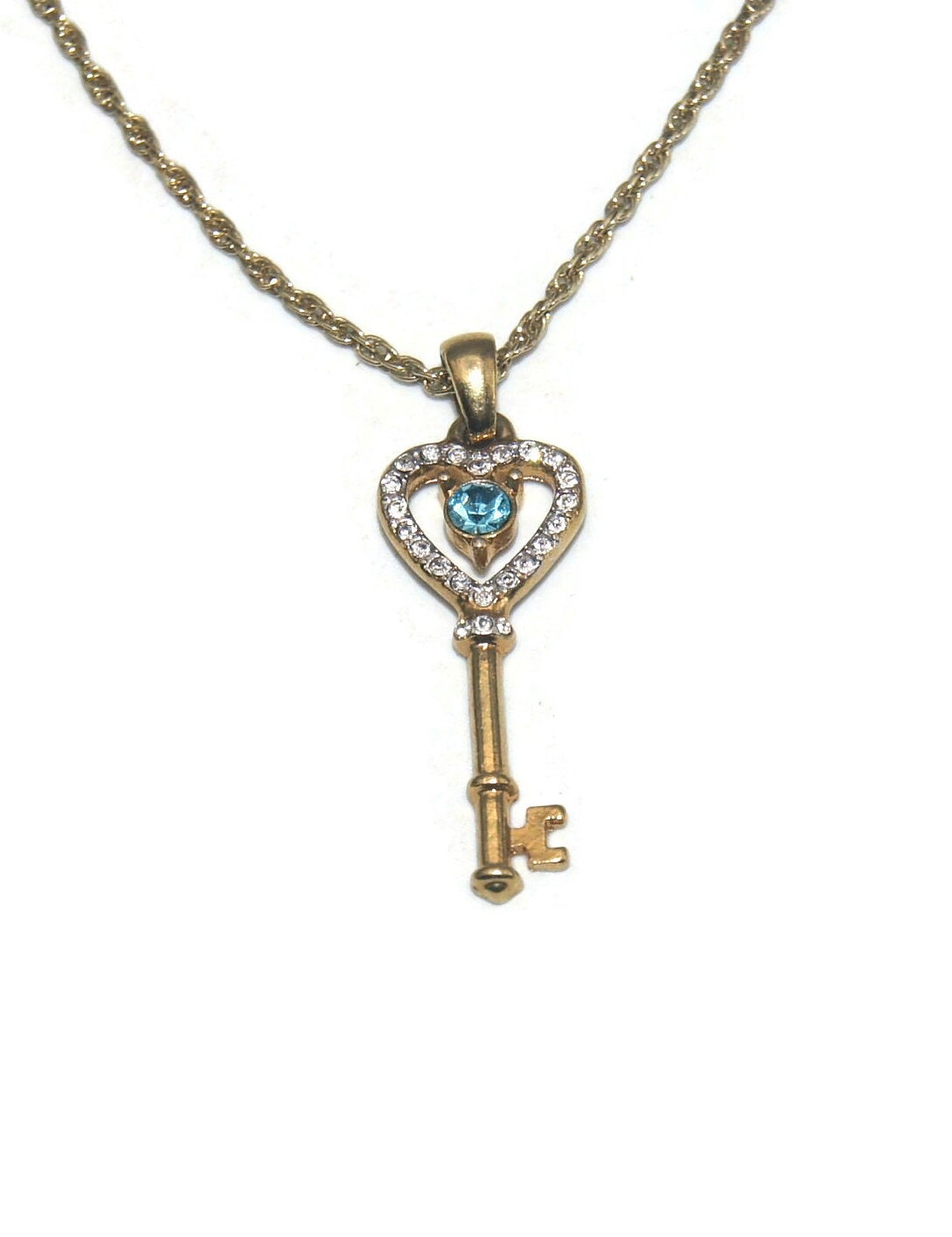 Vintage Gold Tone and Clear and Blue Rhinestones Key Pendant on 17 1/2 ...