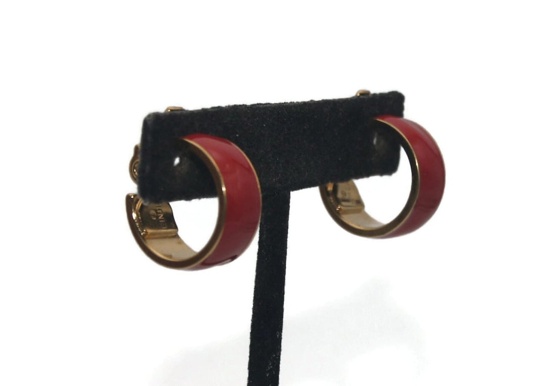 Vintage Monet Gold Tone and Red Enamel Hoop Clip on Earrings. Monet ...