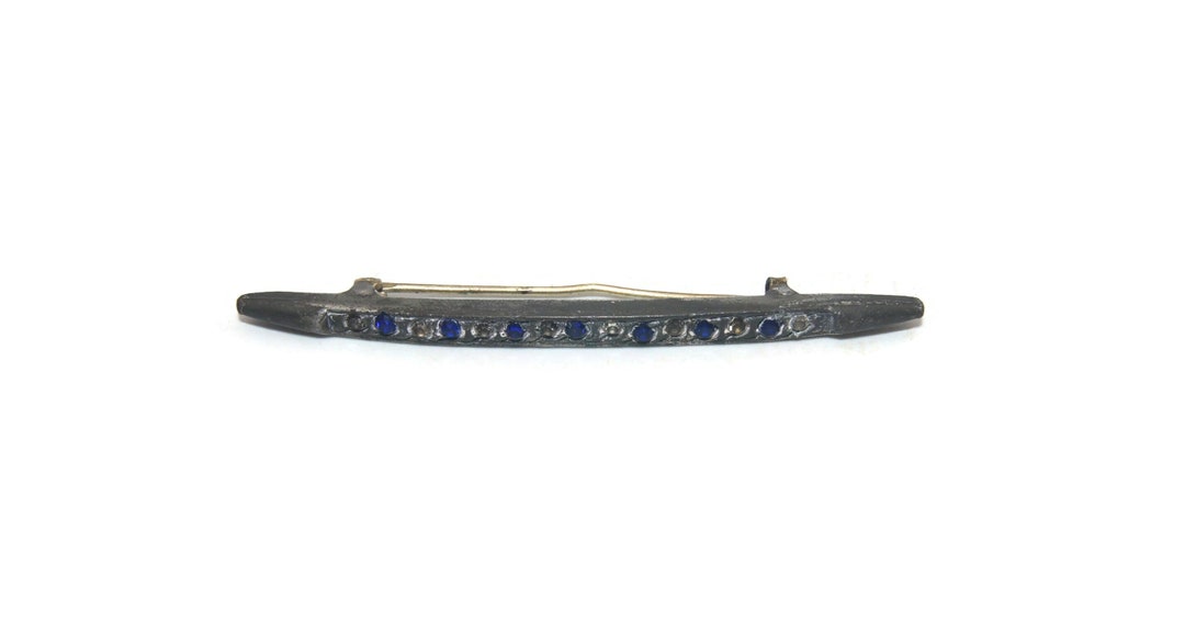 Antique Silver Tone, Blue and Gray Rhinestones Bar Brooch. - Etsy