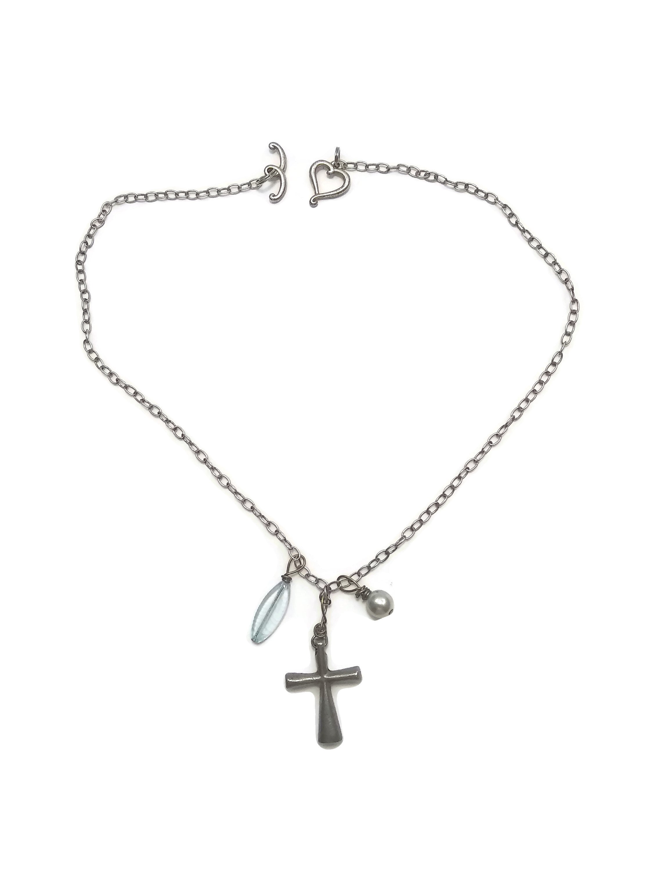 Vintage Pewter Cross on 18 Inch Silver Tone Chain Necklace With Faux ...