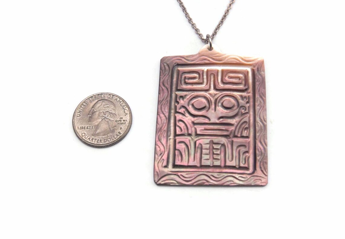 Carved Tahitian Shell Abalone Tiki Pendant Necklace, Vintage Hand ...