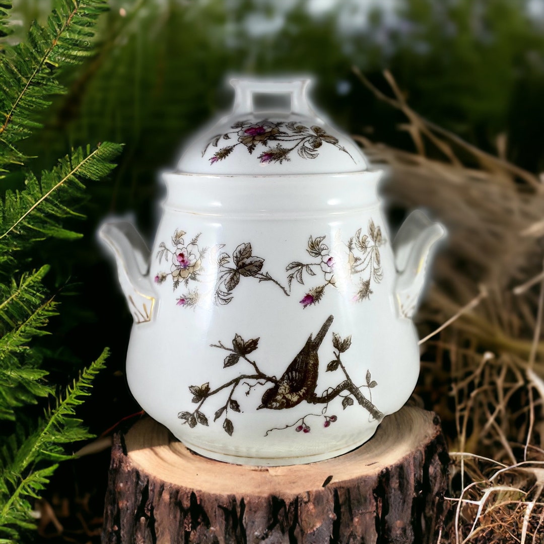 MOSS ROSE With Birds Small Cookie Jar or Biscuit Jar W Lid - Handles ...