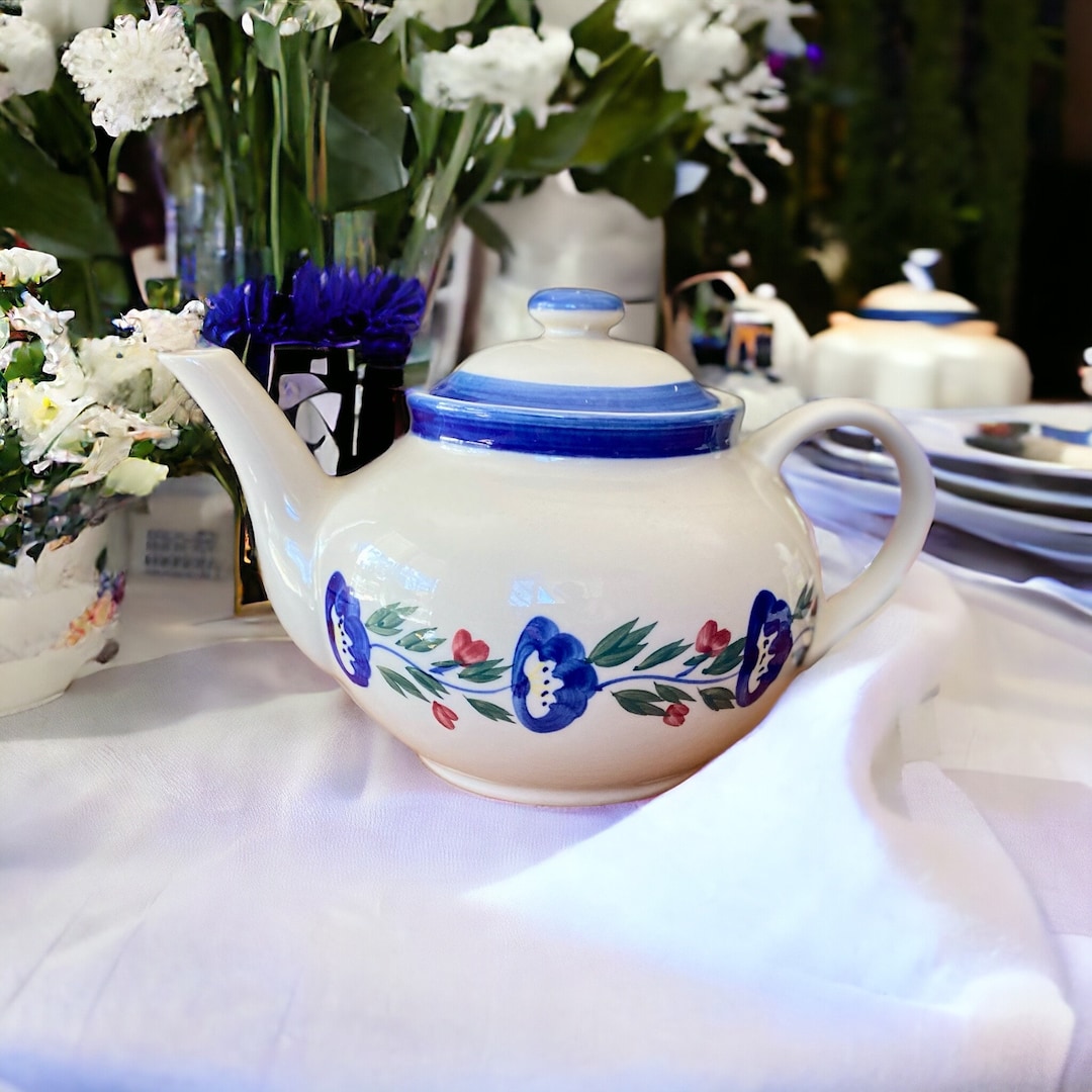 Vintage Teapot Pottery With Blue Flowers and Red Hearts Designpac ...