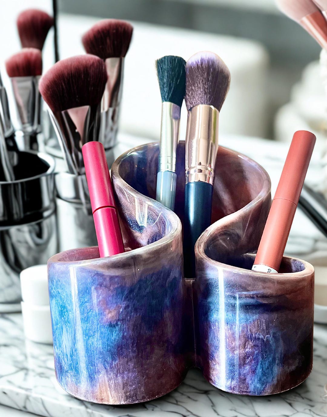 Handmade Swirl Resin Brush Holder, Triple Pocket Desk Organizer, Boho ...