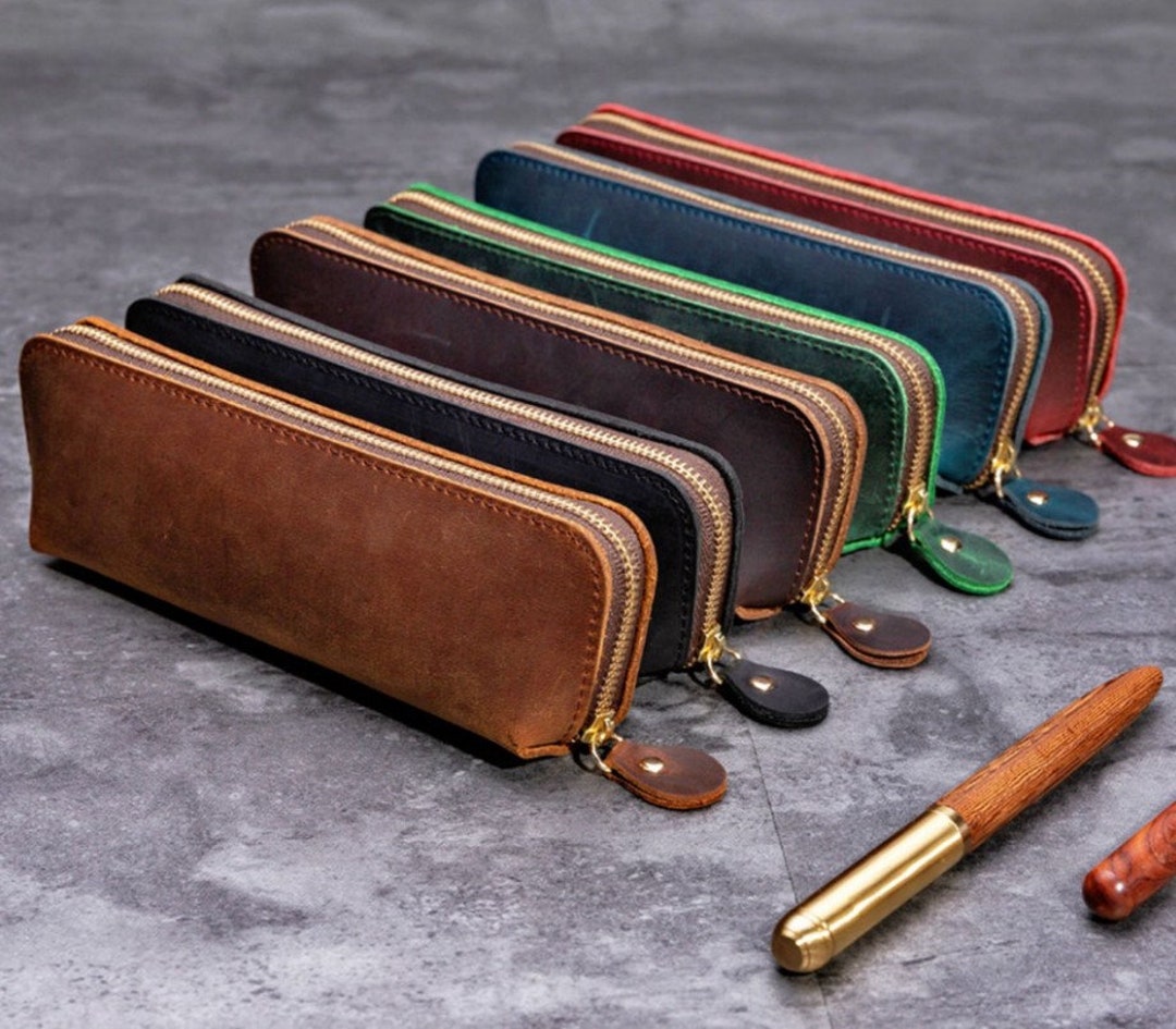 Pull up Leather Pen Case, Genuine Leather Pen Pouch, Leather Pen Holder ...