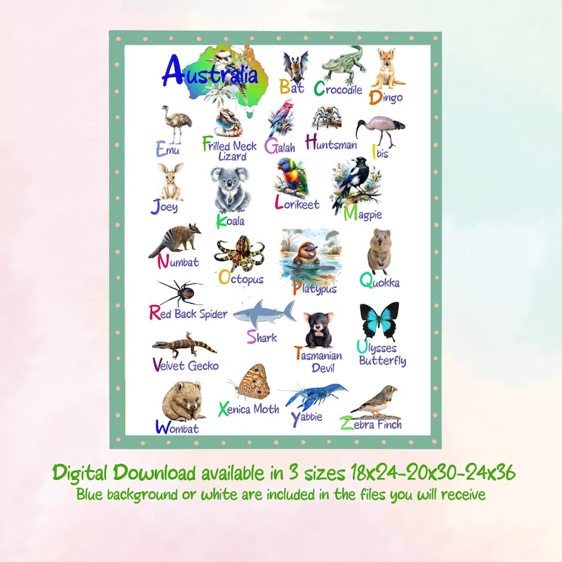 Australian Animals ABC Chart Printable Digital Download - Etsy