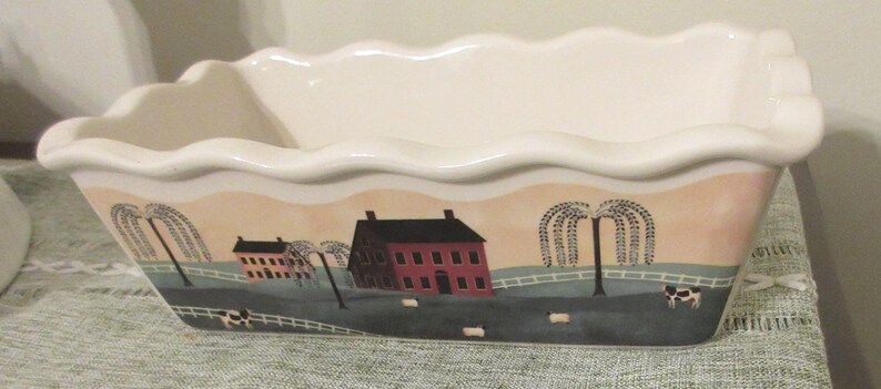 Folk Art Primitive Scene Casserole Dish / Planter - Colonial House ...