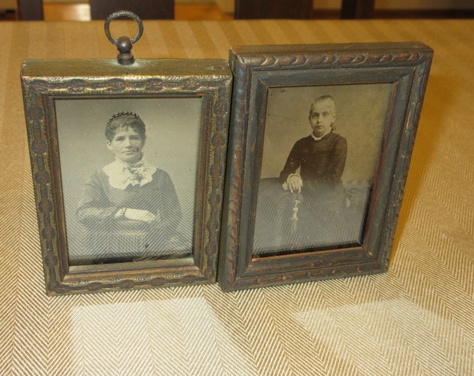 2 Antique 19thc Tintypes in Antique Hand-carved Miniature Wood Frames ...