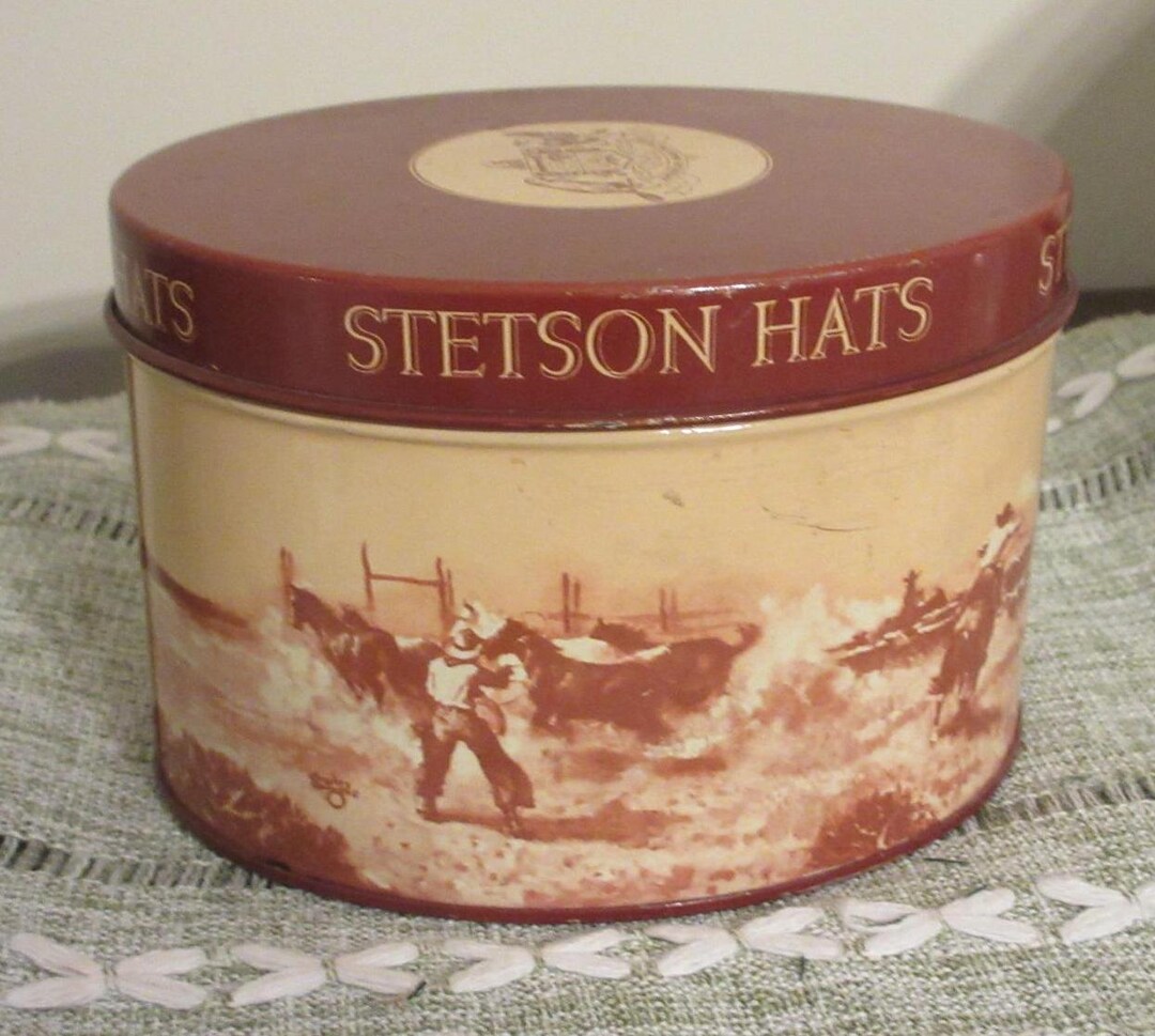 Vintage Miniature / Small Stetson Hat Tin Advertising Box Cowboys and ...