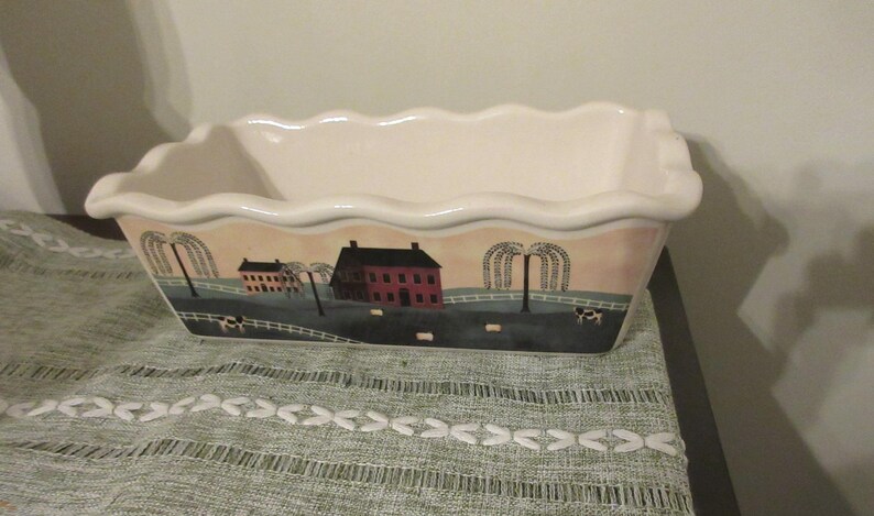 Folk Art Primitive Scene Casserole Dish / Planter - Colonial House ...