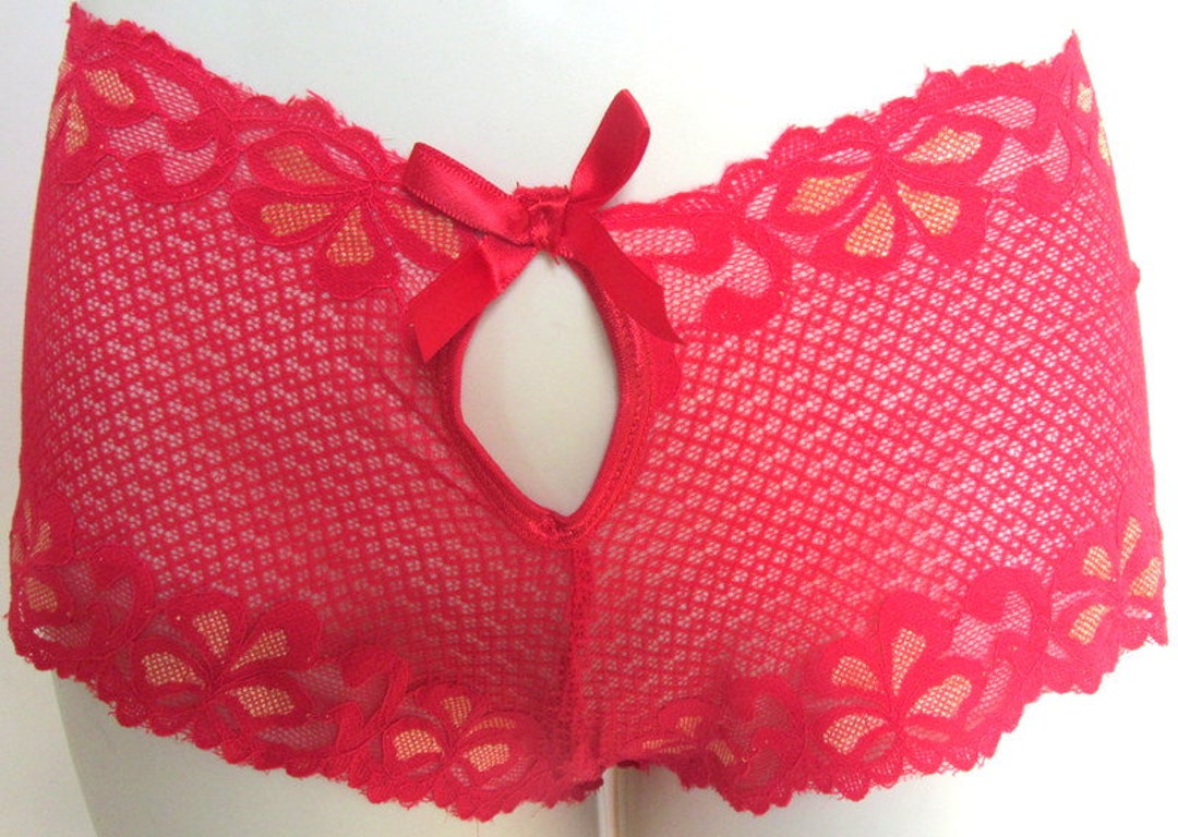 Red Lace Boyshort Sheer Boxer LOW Briefs Panties Knickers. Fit UK 10/12 ...