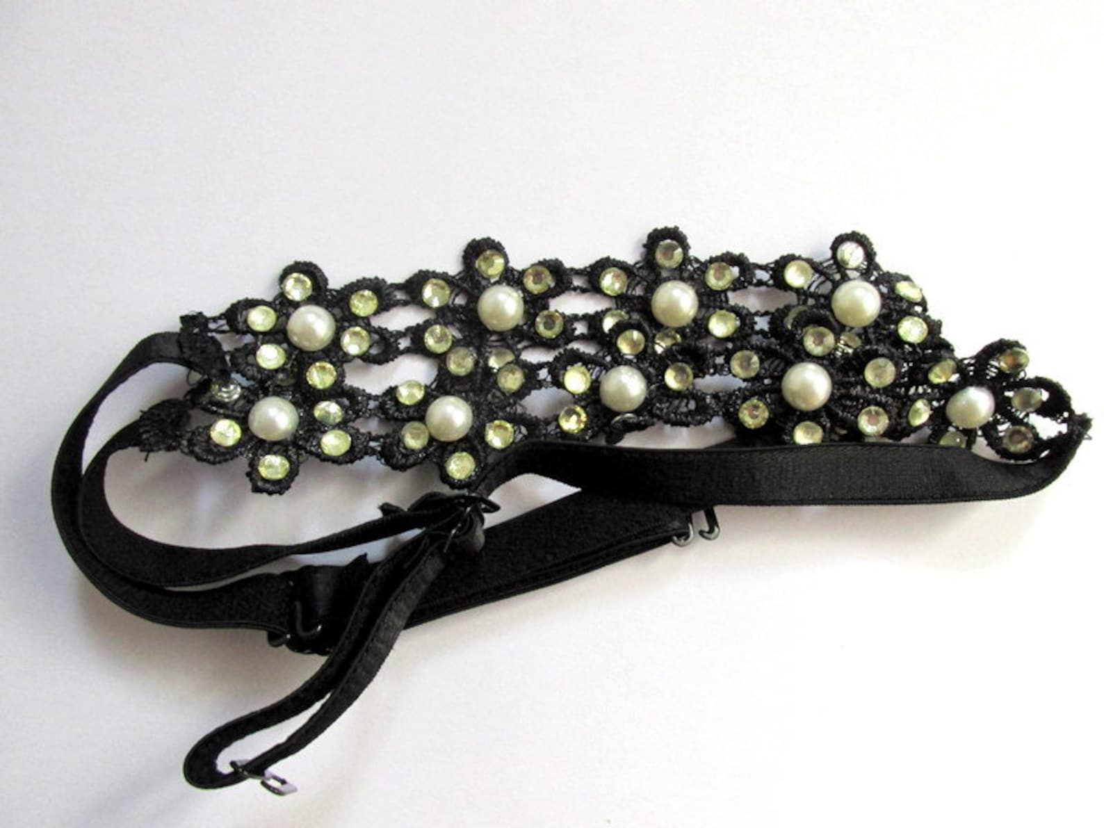 Black Pearl Rhinestone Lace Decorative Bra Straps. Stretchy Adjustable ...