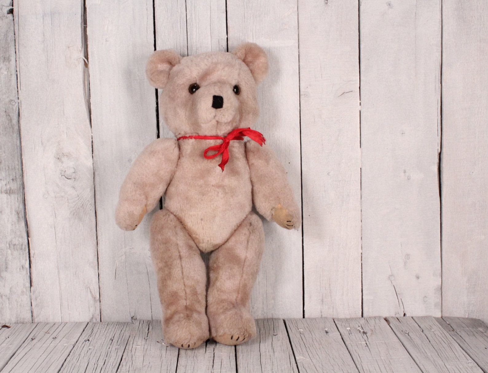 Vintage Stuffed Beige Teddy Bear with Red Ribbon Kids Toy | Etsy