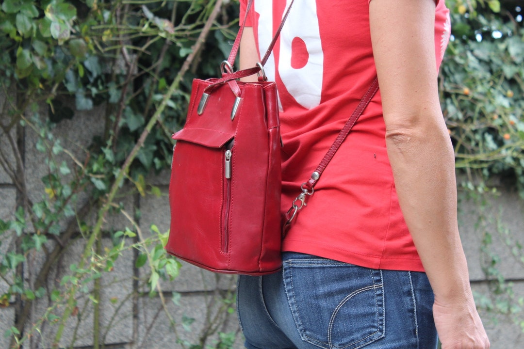 Vintage Genuine Leather Red Backpack, Bag, Handbag, Organizer, Two ...