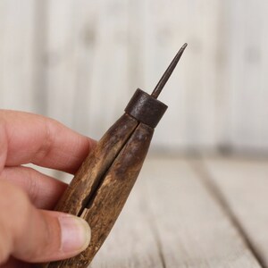 Antique Handmade Wooden Handle Awl, Primitive Tool, Leather Hole Maker ...
