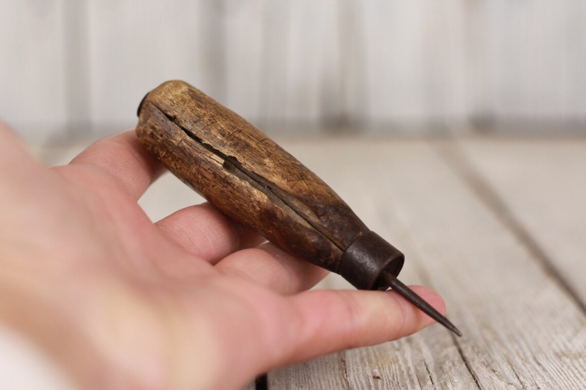 Antique Handmade Wooden Handle Awl Primitive Tool Leather Hole | Etsy