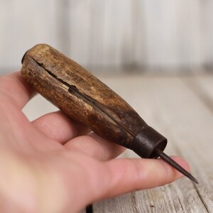 Antique Handmade Wooden Handle Awl, Primitive Tool, Leather Hole Maker ...