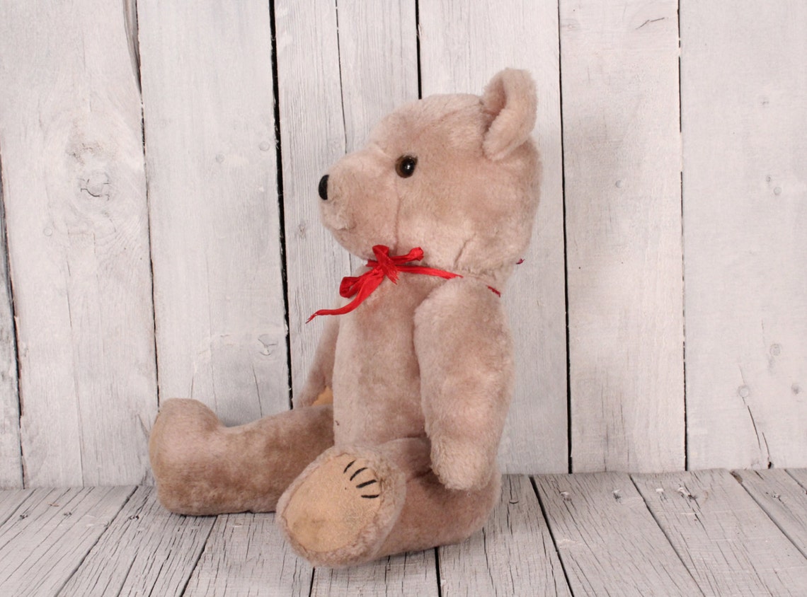 Vintage Stuffed Beige Teddy Bear With Red Ribbon Kids Toy - Etsy