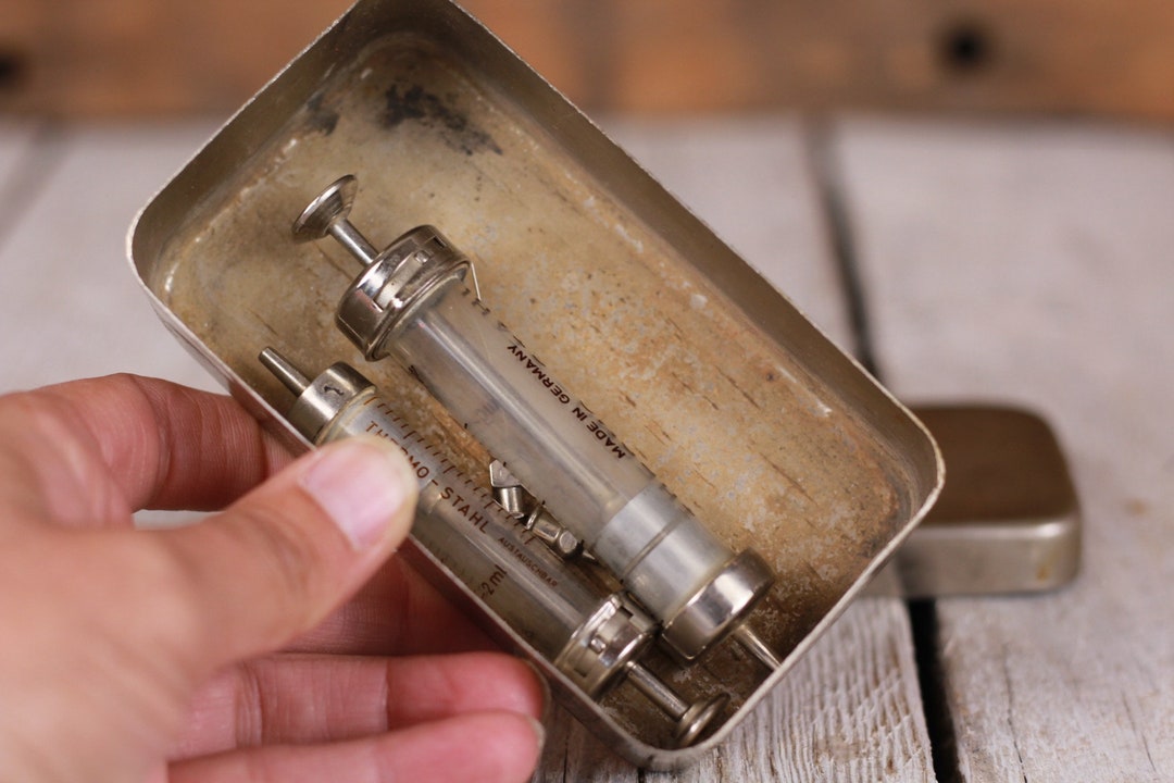 Vintage Syringes With Needles in Container, Metal Medical Steriliser ...