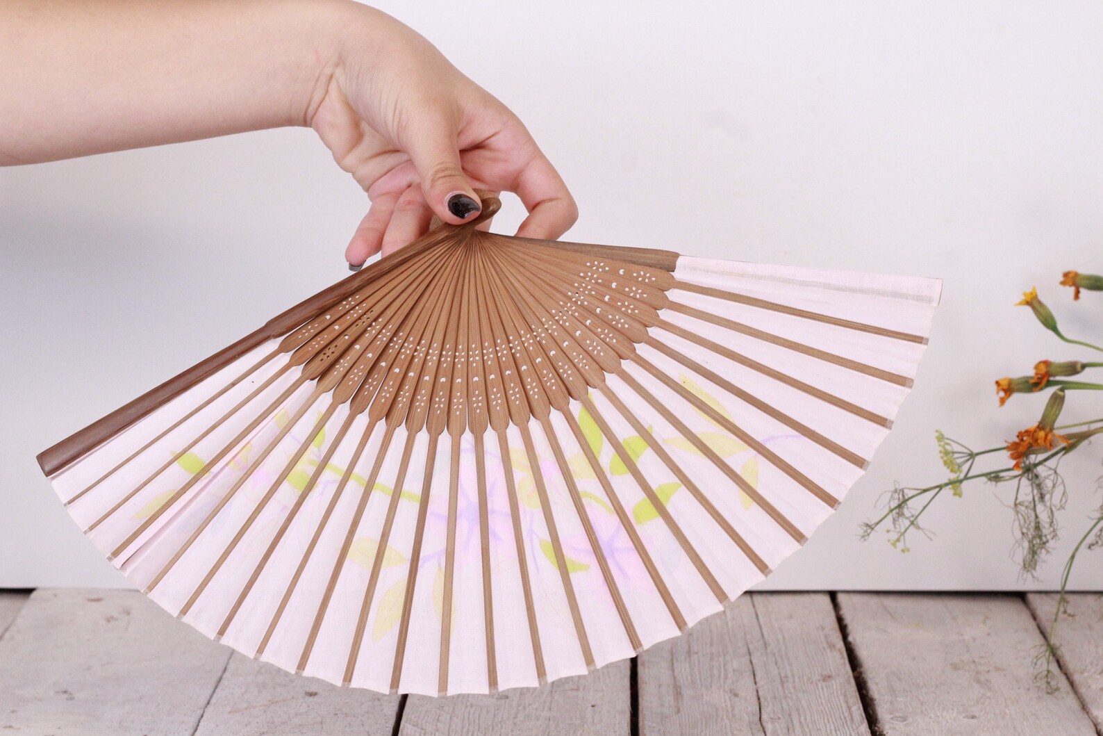 Vintage Beige Color Folding Fabric Fan, Wooden Handle - Etsy