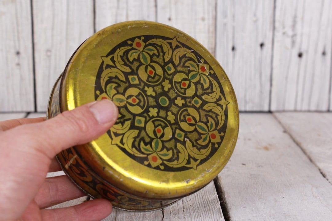 Vintage Yellow Candy Box With Lid, Round Metal Box, Tin Container ...