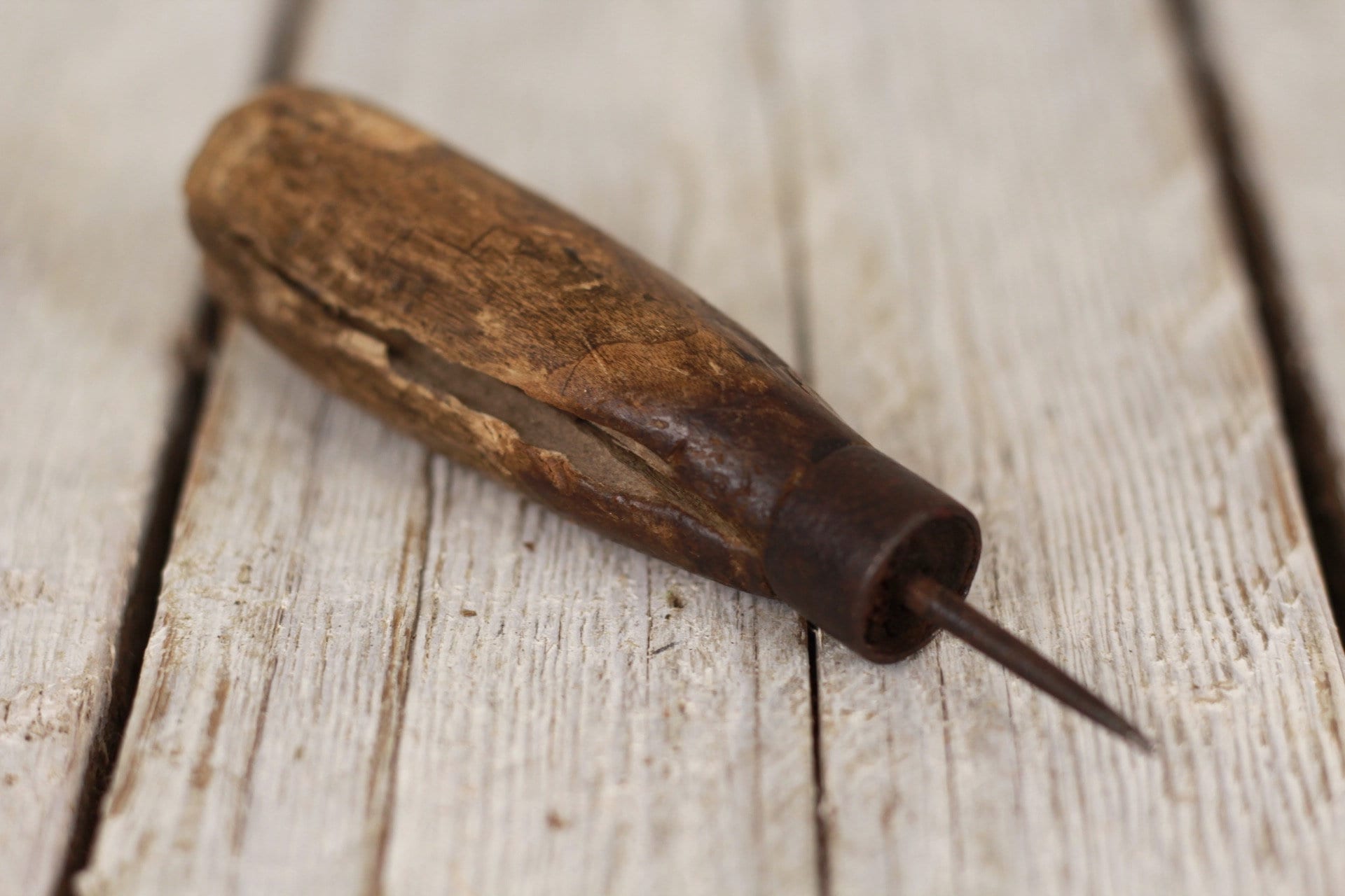 Antique Handmade Wooden Handle Awl, Primitive Tool, Leather Hole Maker ...