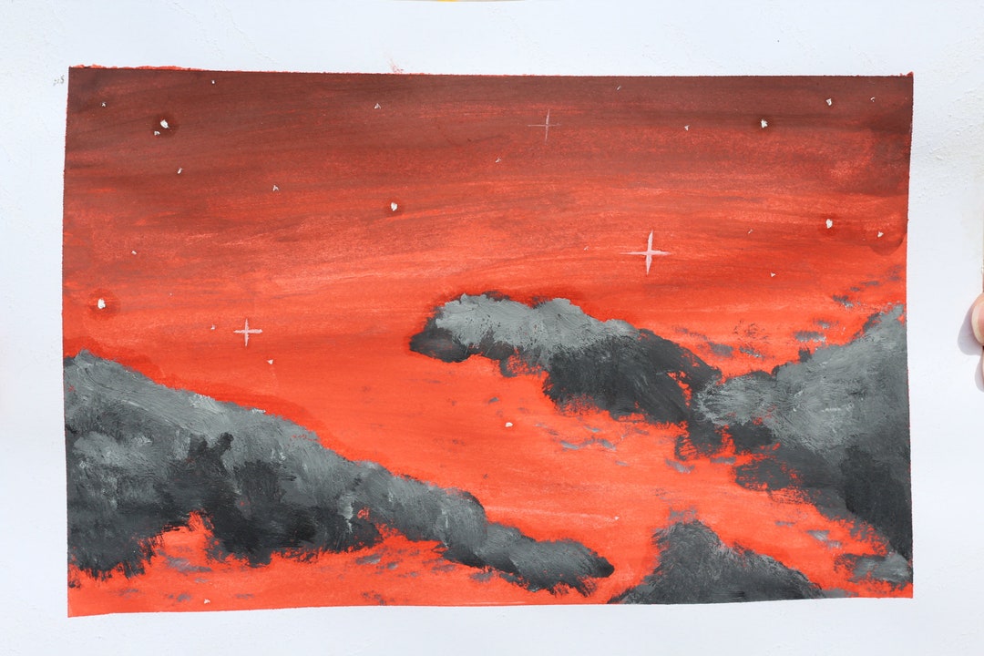 Original Red Sky Oil and Watercolor Painting, Black Clouds, Stars (17 X ...