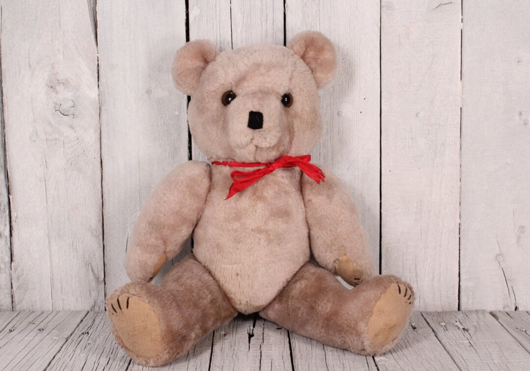 Vintage Stuffed Beige Teddy Bear With Red Ribbon Kids Toy Nursery Decor ...