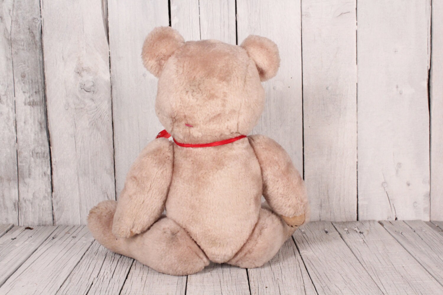 Vintage Stuffed Beige Teddy Bear With Red Ribbon Kids Toy Nursery Decor ...