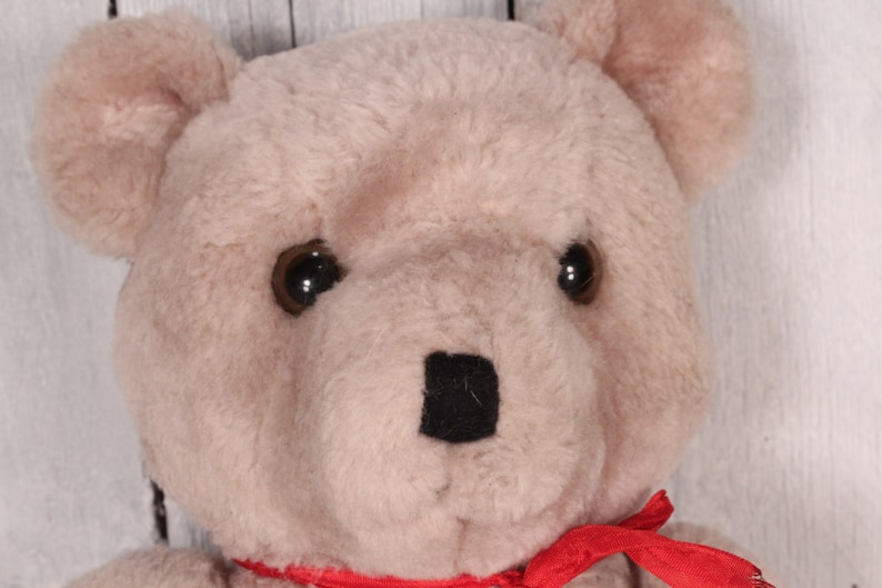 Vintage Stuffed Beige Teddy Bear with Red Ribbon Kids Toy | Etsy