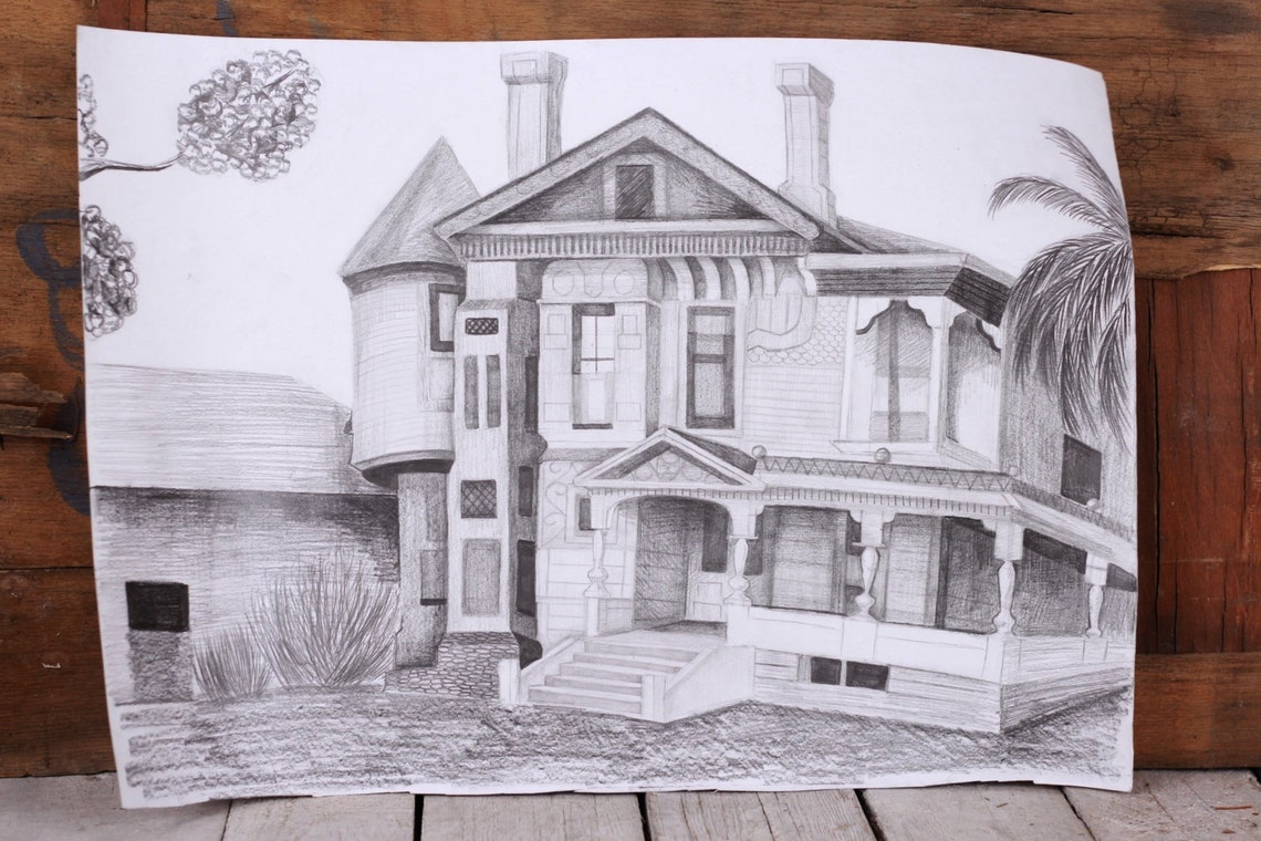 Hand Drawn Picture Big House Pencil Drawing Hand Painted - Etsy