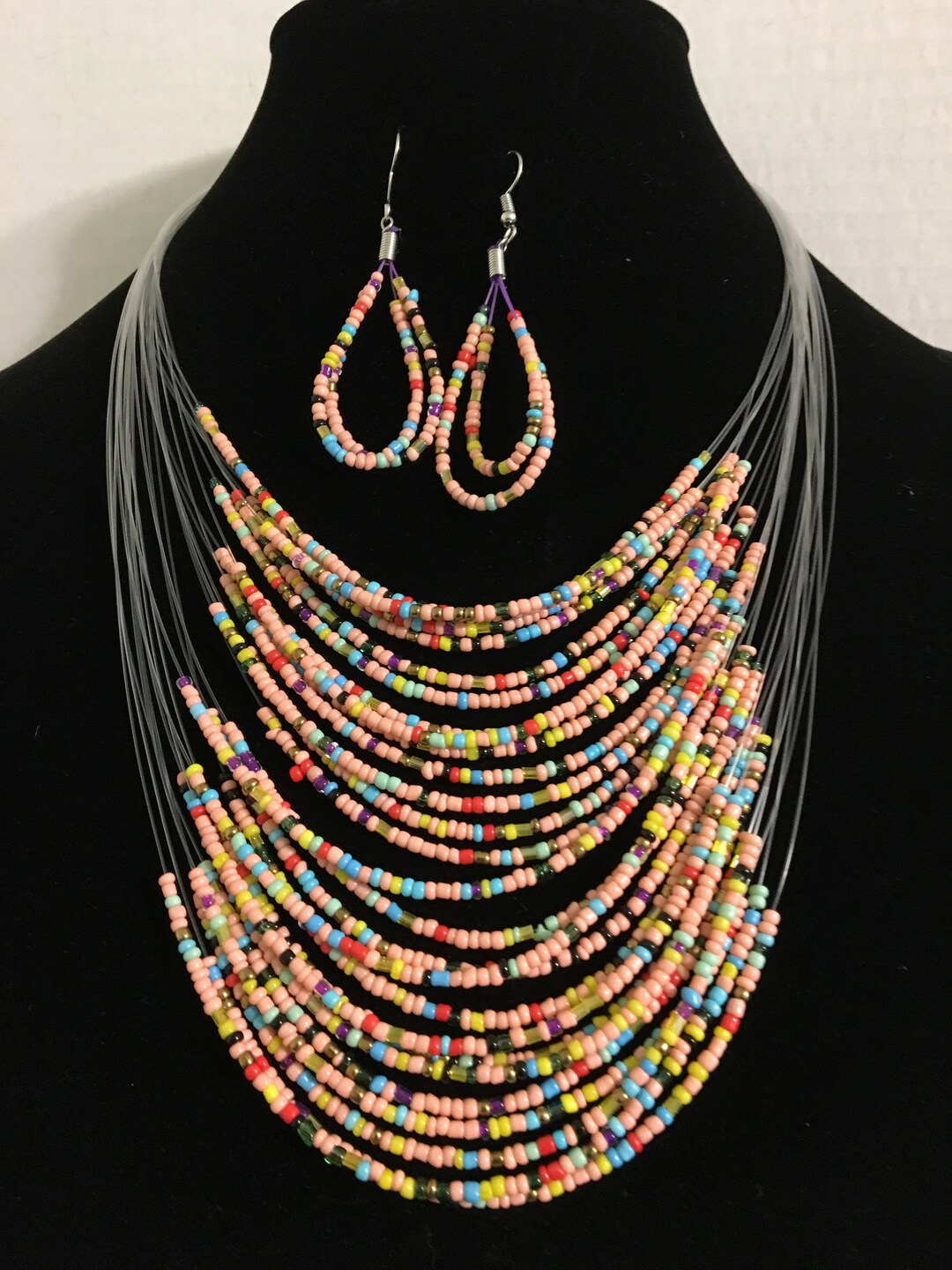 Multi Layered Beaded Necklace With Matching Earrings - Etsy