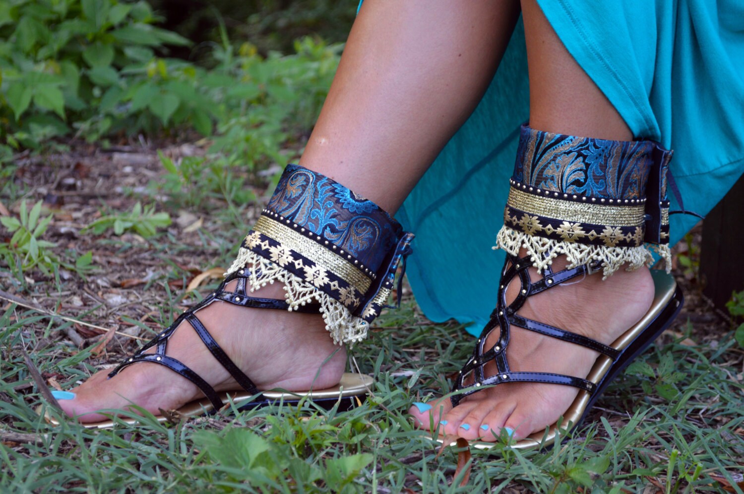Blue and Gold ankle cuff gypsy ankle cuff anklets womens | Etsy