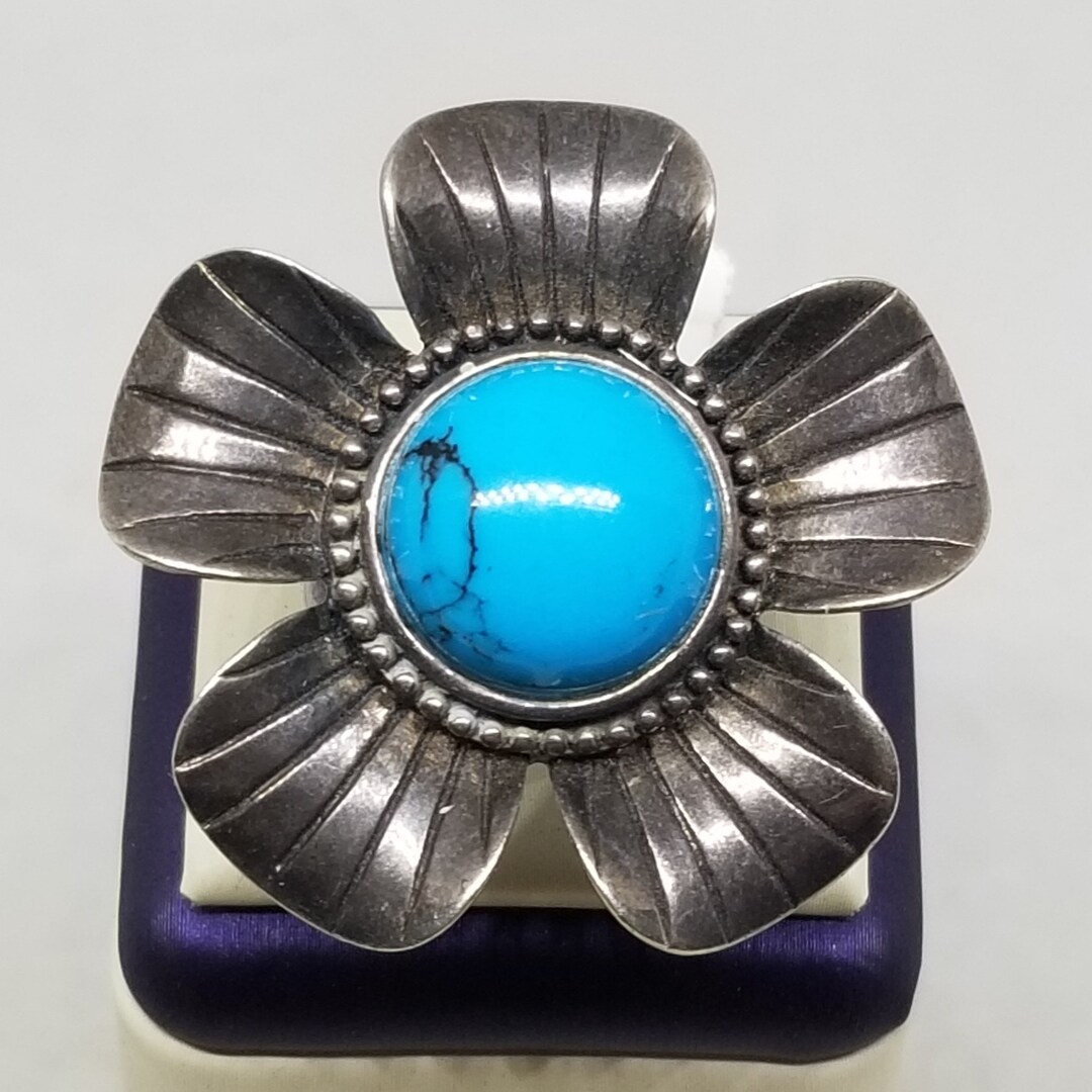 FAJ106 Vintage Atr-thailand Sterling and Faux Turquoise Flower Ring ...
