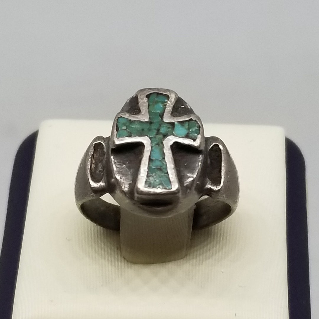 FA3353 Vintage Sterling With Crushed Turquoise Cross Ring, Size 5.5. - Etsy