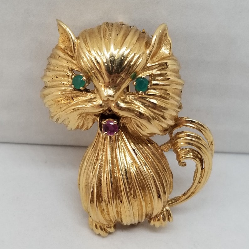 Z867 Vintage 14K Yellow Gold Ruby and Emerald Cat Pin - Etsy