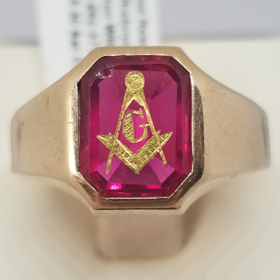Z833 Vintage 10K Yellow Gold Chipped Created Ruby Masonic Ring, Size 10 ...