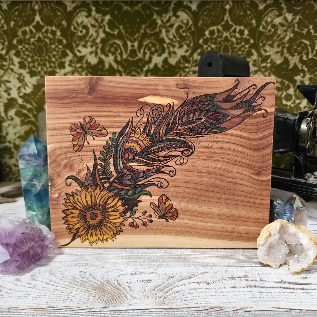 Hand Burned Boho Feather With Flowers Pyrography Art on - Etsy