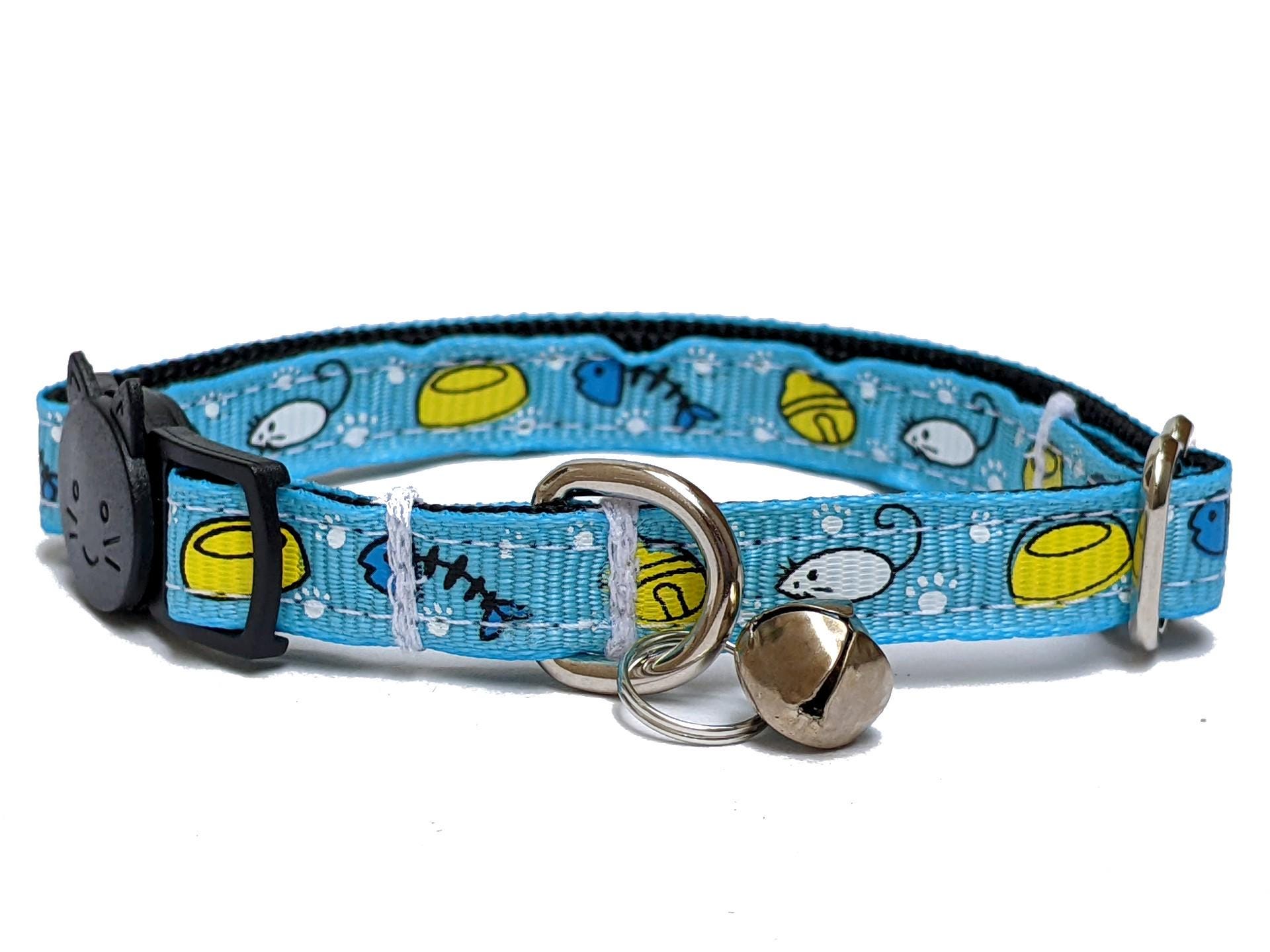 Blue Cat Collar With Mice, Bells, Fish and Pawprints - Cute Breakaway ...
