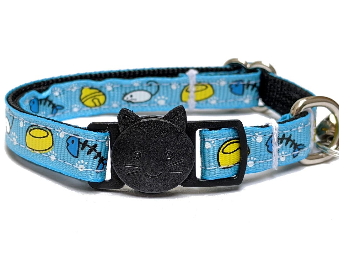Blue Cat Collar With Mice, Bells, Fish and Pawprints - Cute Breakaway ...