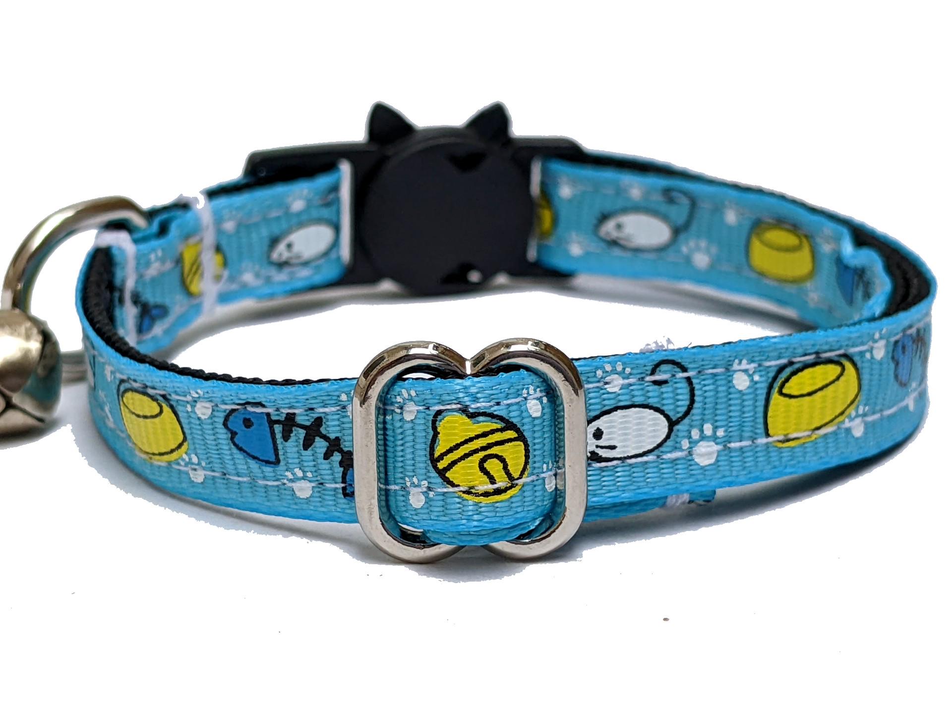 Blue Cat Collar With Mice, Bells, Fish and Pawprints - Cute Breakaway ...