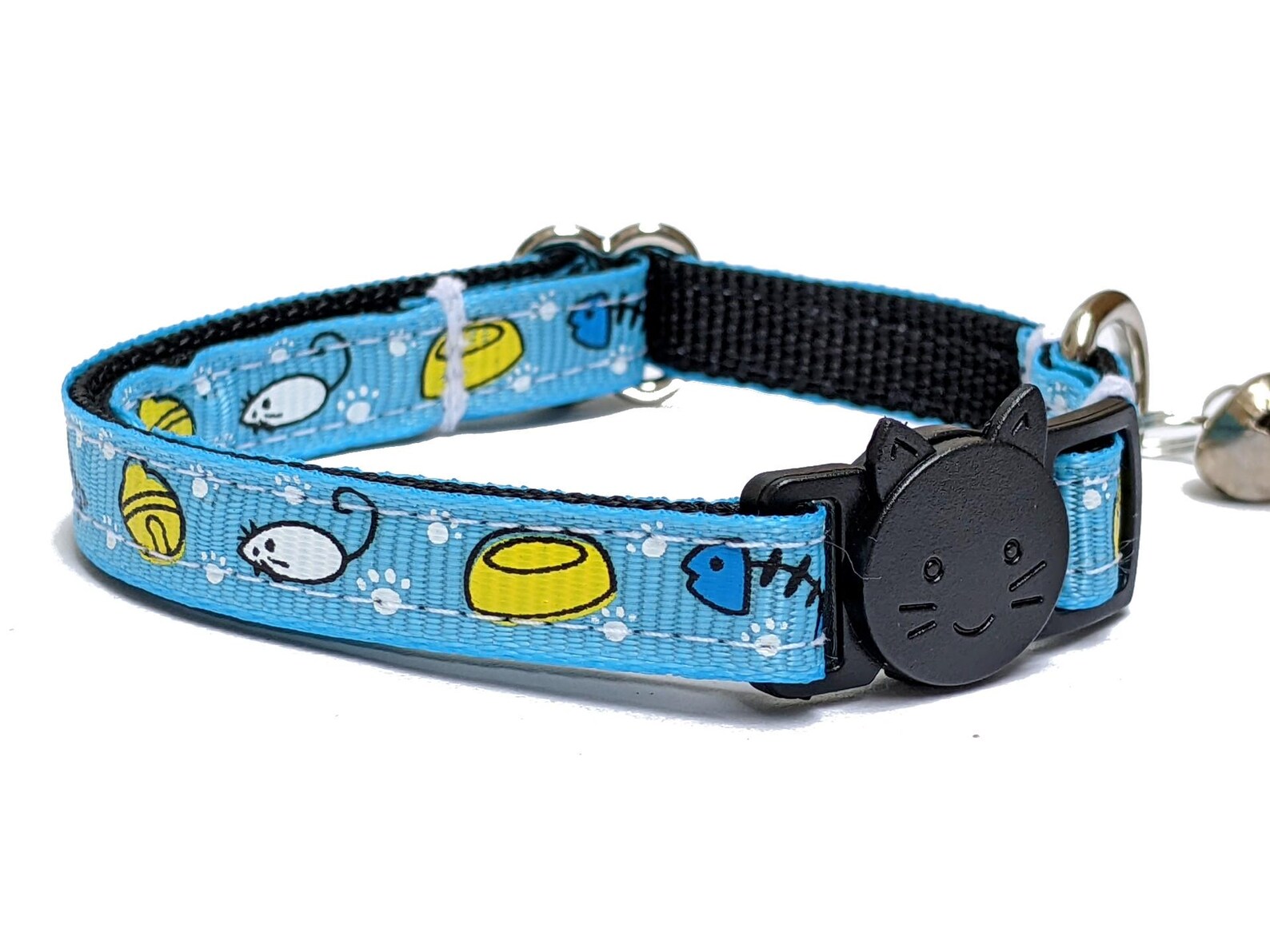 Blue Cat Collar With Mice, Bells, Fish and Pawprints - Cute Breakaway ...