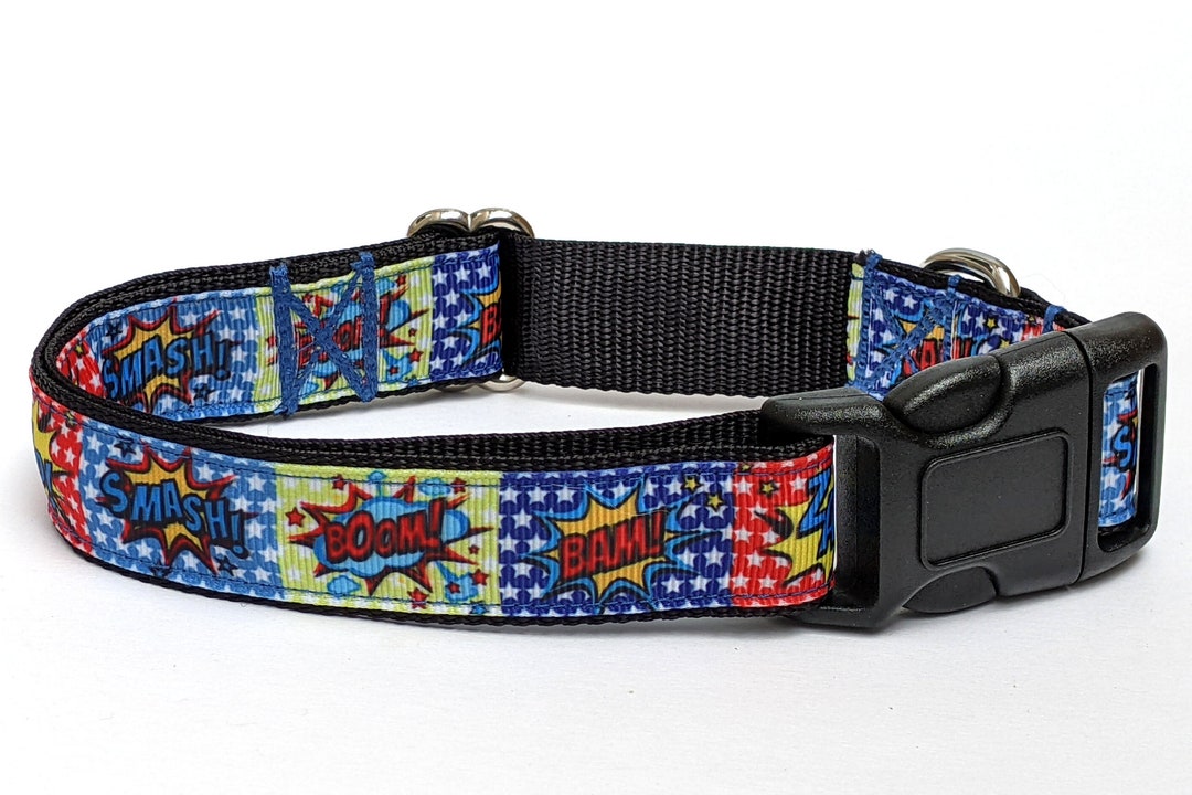 Retro Comic Book Superhero Dog Collar - Blue and Red - Boom, Zap, Pow ...